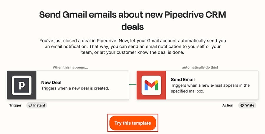 Zapier: Sending Gmail emails about new Pipedrive deals - Knowledge Base | Pipedrive